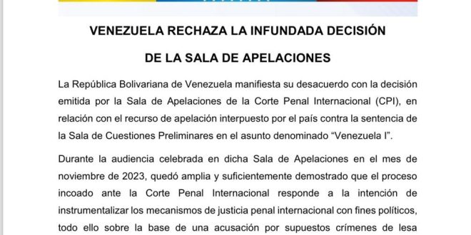 Gobierno De Venezuela Rechazó Decisión De Sala De Apelaciones De La